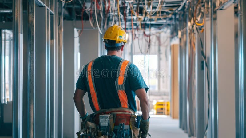 Construction Worker in Hard Hat and Safety Vest Walks through Building ...