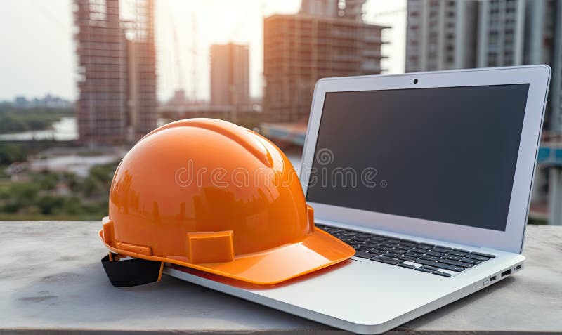 Construction Worker with Hard Hat Using Computer at Job Site Creating ...