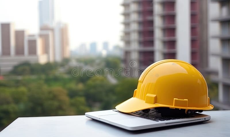 Construction Worker with Hard Hat Using Computer at Job Site Creating ...