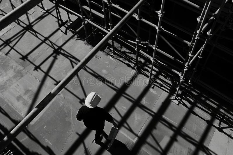 A Construction Worker in a Hard Hat Walks through a Scaffolding ...
