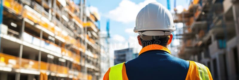 Construction Worker Observing Building Progress during Sunset at a ...