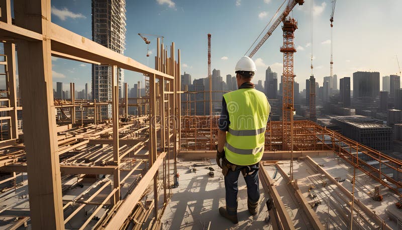 Construction Worker on a High-rise Building Structure Overlooking the City. Urban Development ...