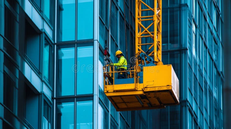Construction Worker on a High-rise Building. the Worker Operates a ...