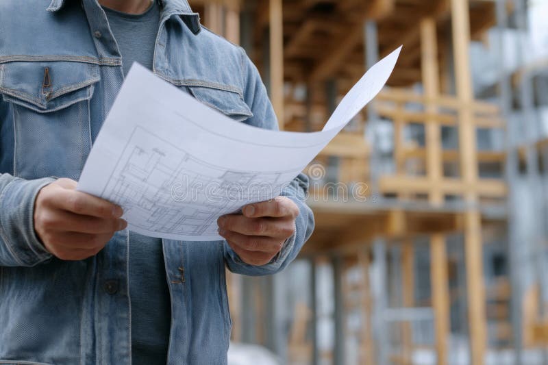 A Construction Worker Holding a Blueprint at an Active Job Site ...