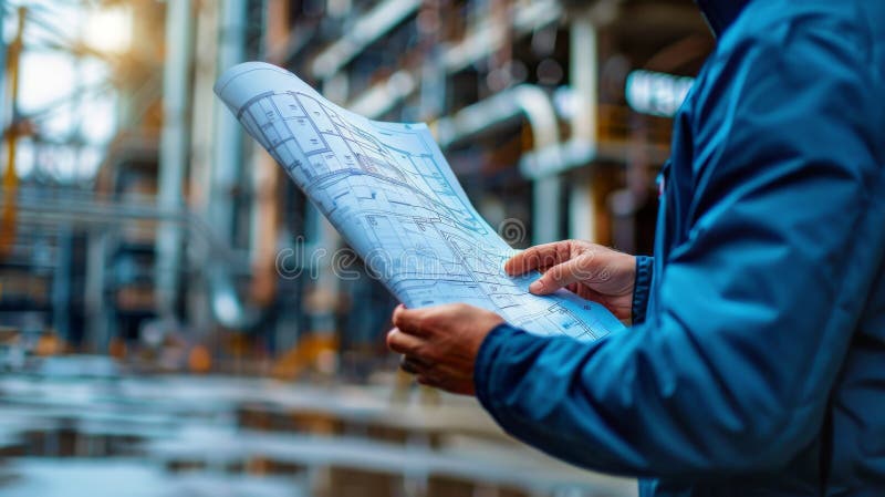 Construction Worker Holding Blueprint Near Building Stock Illustration ...