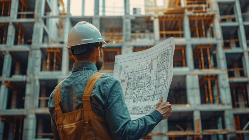 Construction Worker Holding Blueprint Near Building Stock Illustration ...