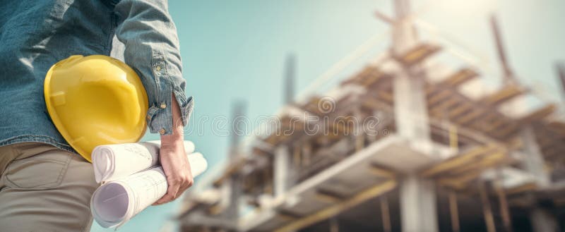 The Construction Worker Holding Blueprints at a Building Site Under ...