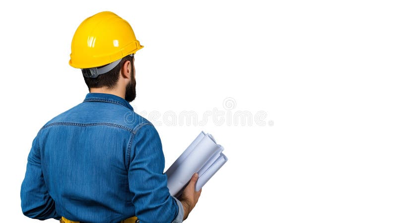 Construction Worker with Blueprint Papers on Transparent Background ...