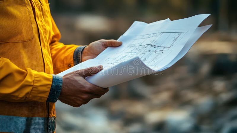 Construction Worker Holding Blueprints at Construction Site, Focused on ...