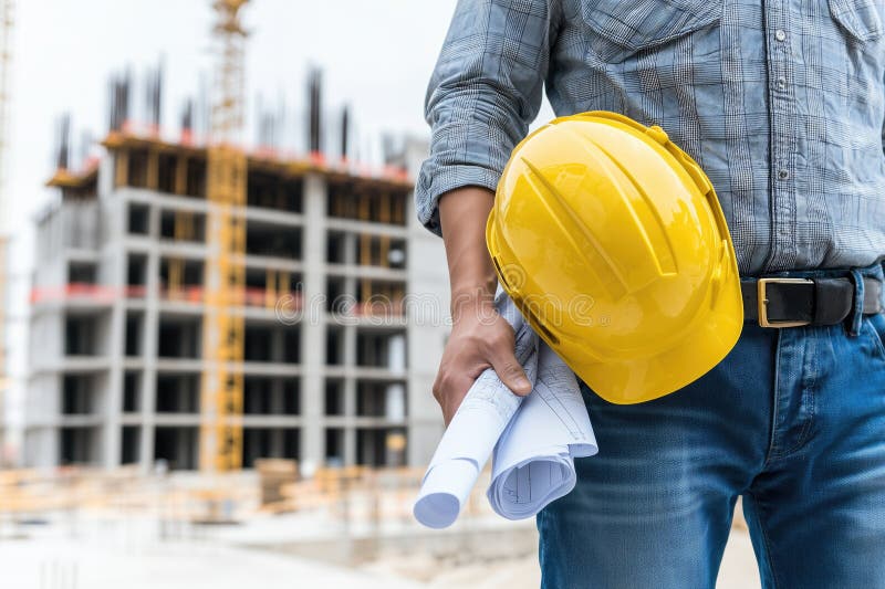 Construction Worker Holding Blueprints and Yellow Hard Hat at Building ...