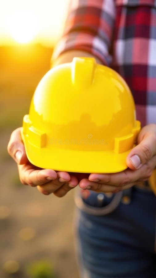 Construction Worker Holding a Bright Yellow Hard Hat during Sunset ...