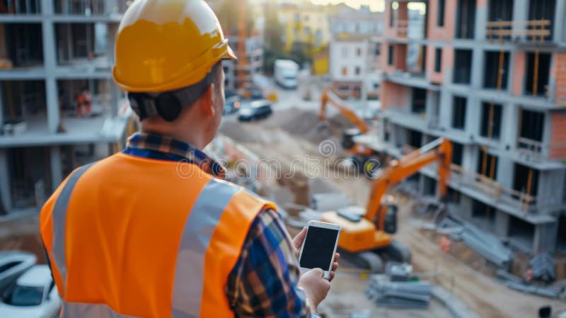 Construction Worker Holding Cell Phone Stock Photo - Image of engineer ...