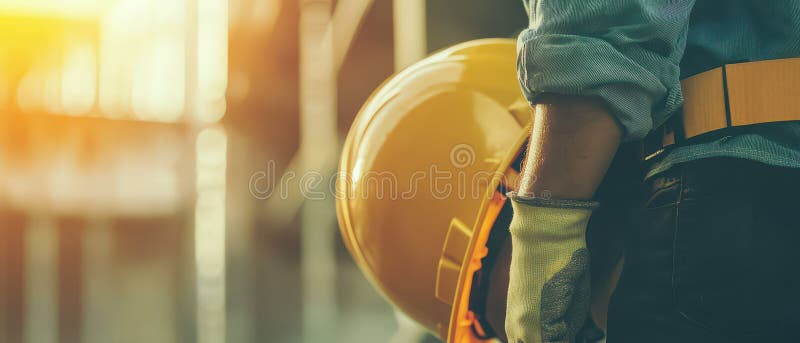 Construction Worker Holding Hard Hat at Sunset Stock Photo - Image of ...
