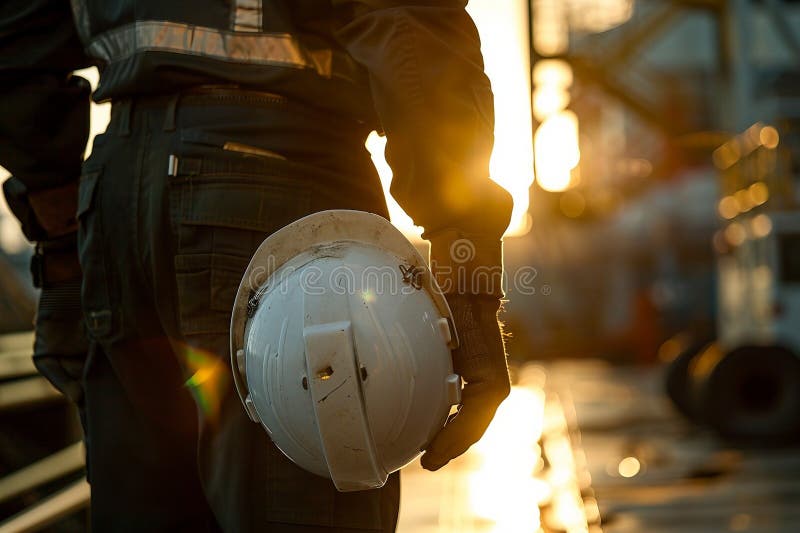 Construction Worker Holding Hard Hat at Sunset Symbolizing Dedication ...