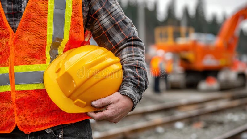 Construction Worker Holding Hard Hat at Worksite with Excavator in ...