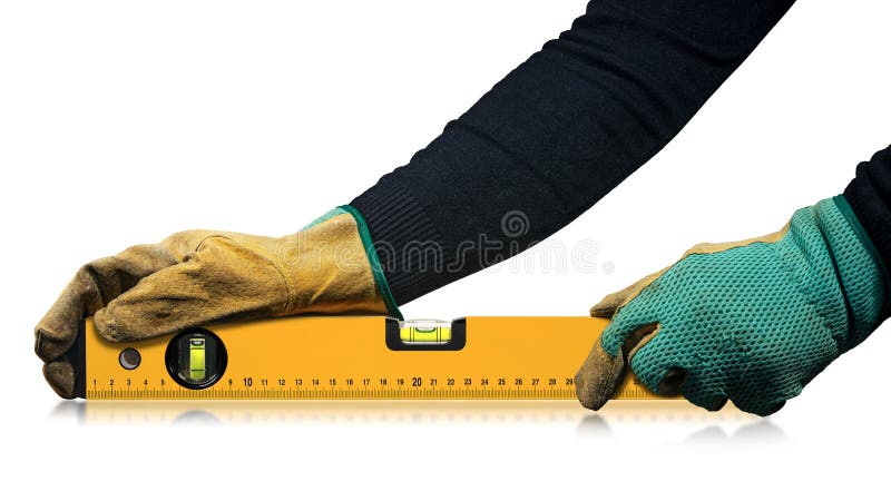 Construction Worker Holding an Orange Spirit Level Isolated on White ...