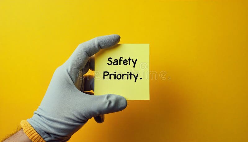 Construction Worker Holding Safety Priority Sign on Yellow Background ...