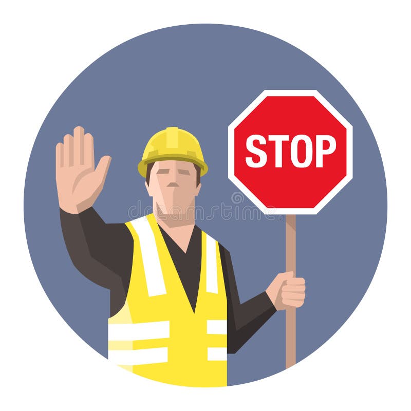 Construction Worker Holding STOP Sign in His Hand Stock Vector ...