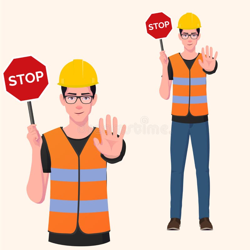 Construction Worker Holding Stop Sign Vector Illustration Stock Vector ...