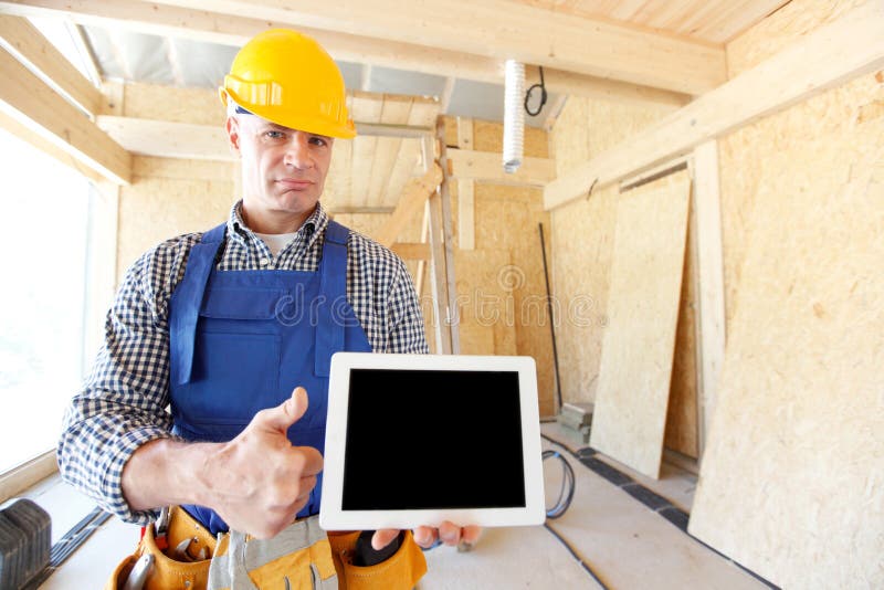 Construction Worker Holding Tablet Stock Photo - Image of blank ...