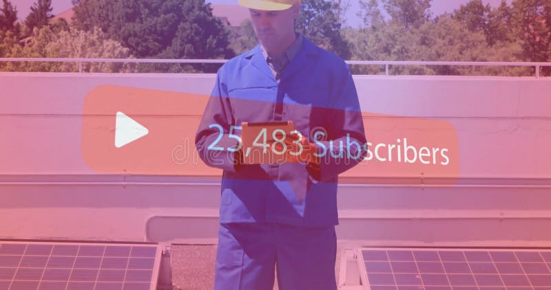 Construction Worker Holding Tablet Over Subscriber Count Image Stock ...