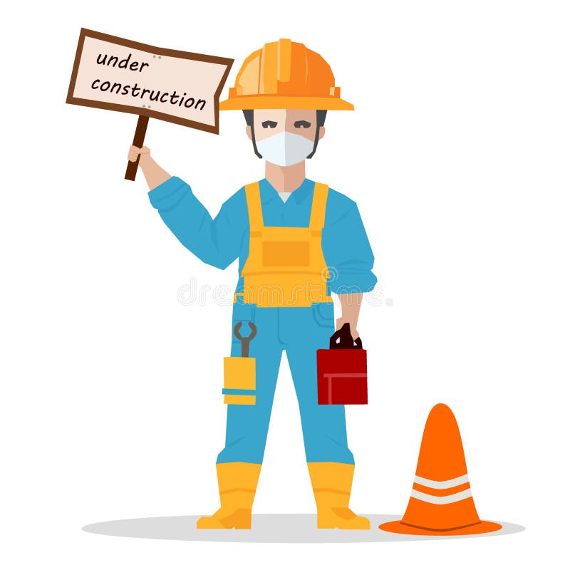 Construction Worker Holding Under Construction Sign Vector Illustration ...
