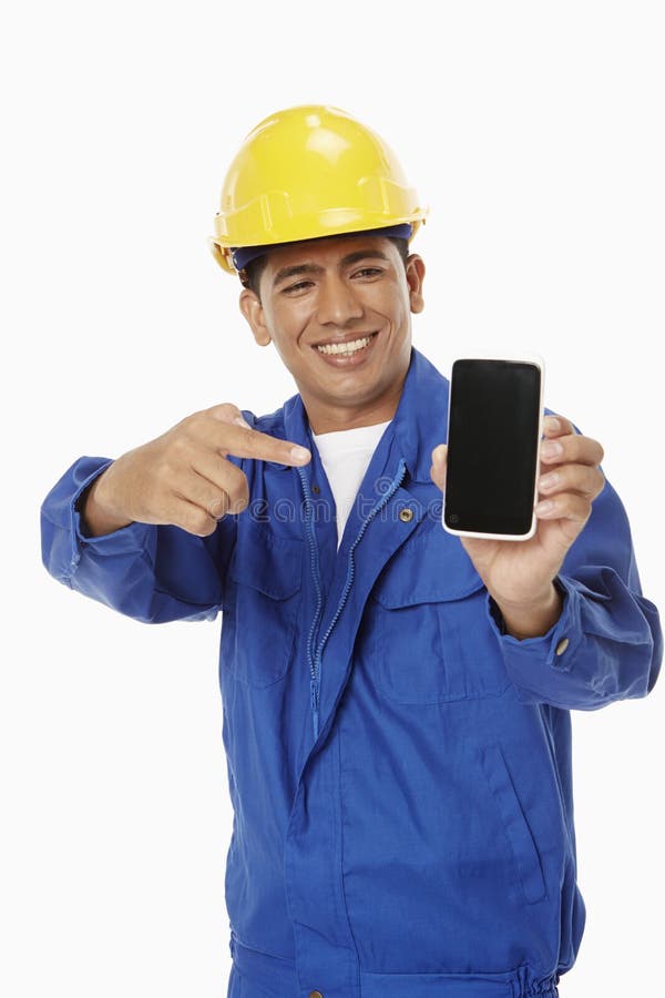 Construction Worker Holding Up a Mobile Phone Stock Photo - Image of ...