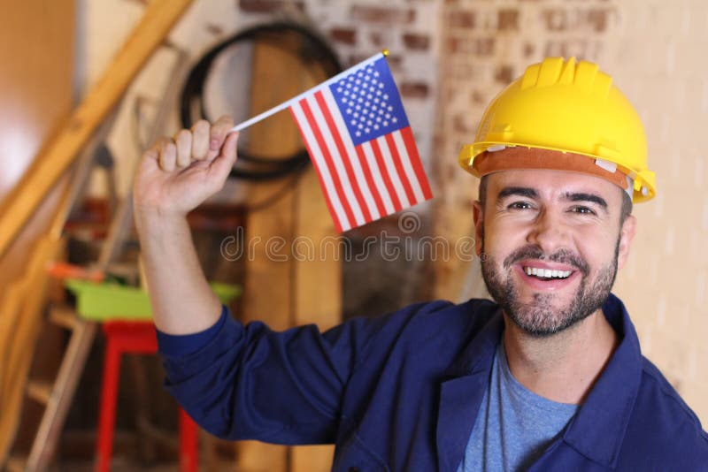 Construction Worker Holding USA Flag Stock Image - Image of america ...