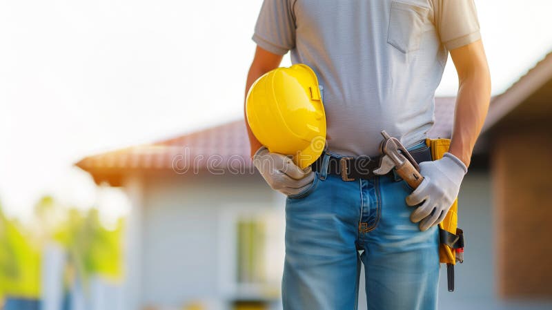 A Construction Worker Holding a Yellow Hard Hat, Wearing Gloves and a ...