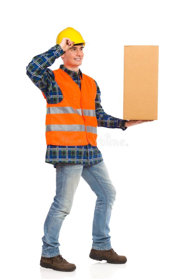 Construction Worker Holds Carton Box One Hand Stock Photos - Free ...