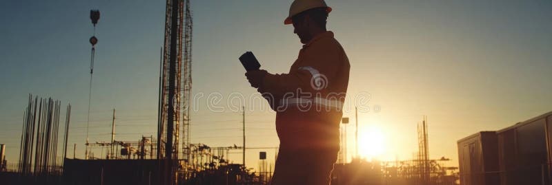 Construction Worker Holds Device at Sunset with Industrial Site Theme ...