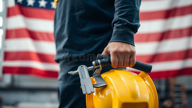 A Construction Worker Holds a Hardhat in Front of an American Flag ...
