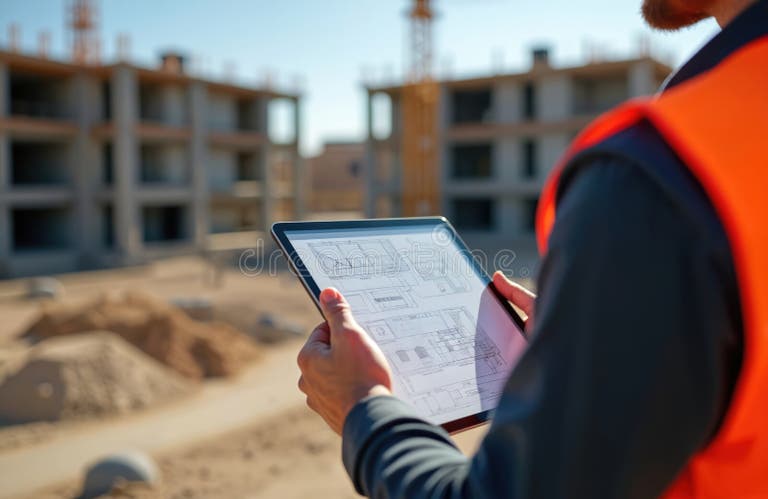 Construction Worker Holds Tablet with Blueprint at Construction Site ...