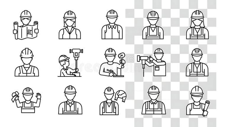 Construction Worker Icons Set. Engineer, Builder Line Art Vector Stock Illustration ...