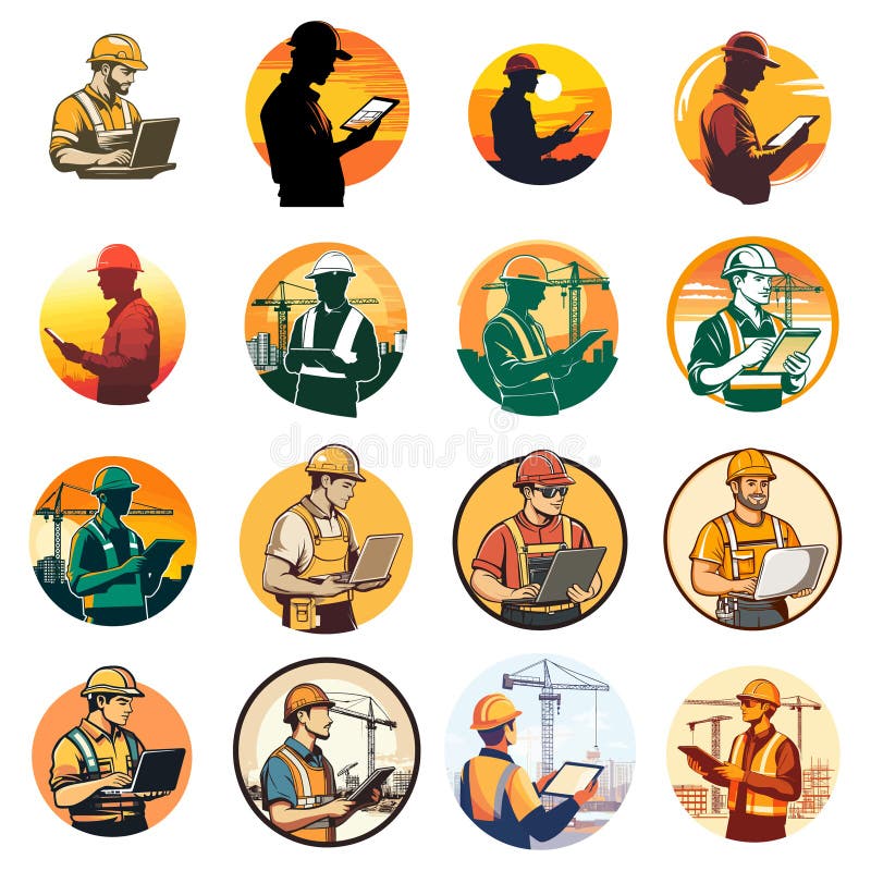 Construction Worker Icons Set Engineer Using Laptop and Tablet at ...