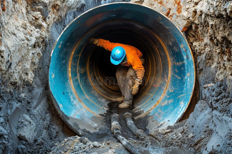 Construction Worker Inside a Pipe Stock Illustration - Illustration of ...