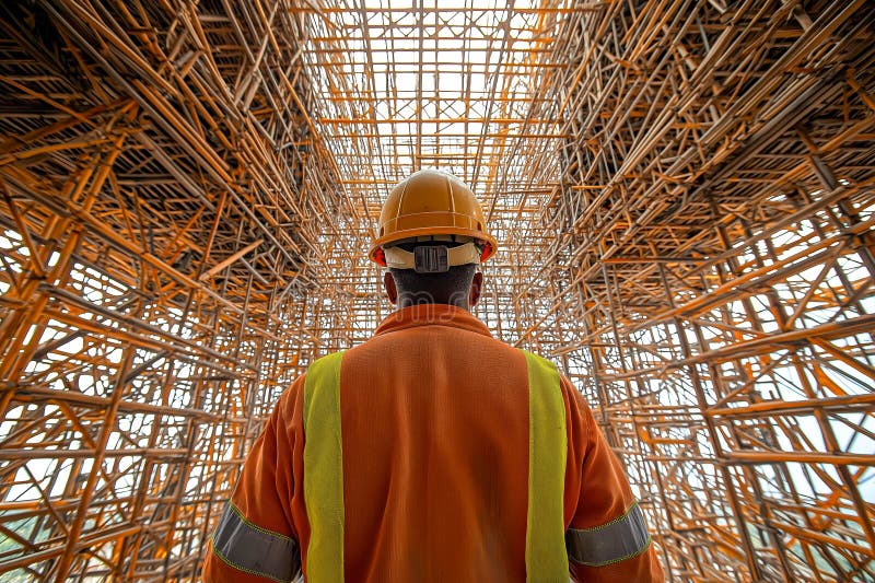 Construction Worker Inside Scaffolding Structure Stock Image - Image of ...