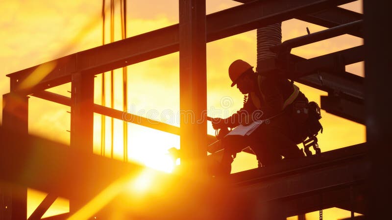 Construction Worker Inspecting Blueprints at Dawn AIG41 Stock ...