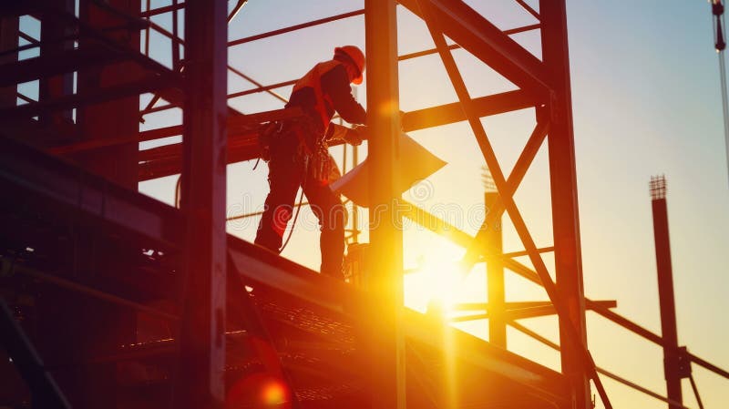 Construction Worker Inspecting Blueprints at Dawn AIG41 Stock Image ...