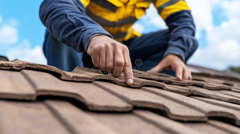 Construction Worker Inspecting Damaged Roof Tile Edge, Checking ...