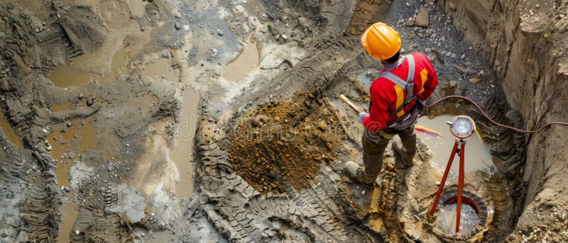 Construction Worker Inspecting Excavation Site with Light Stock Photo ...