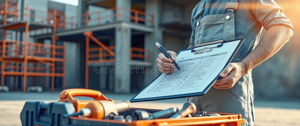 Construction Worker Inspecting Project List with Clipboard, Pen, and ...