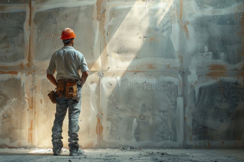 A Construction Worker Inspects a Sunlit Wall in a Room, Thinking about ...
