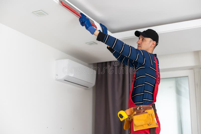 Construction Worker Installation Ceiling Work Stock Image - Image of ...