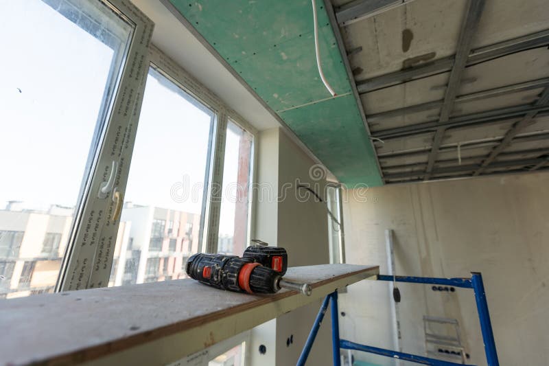 Construction Worker Installation Ceiling Work Stock Image - Image of ...