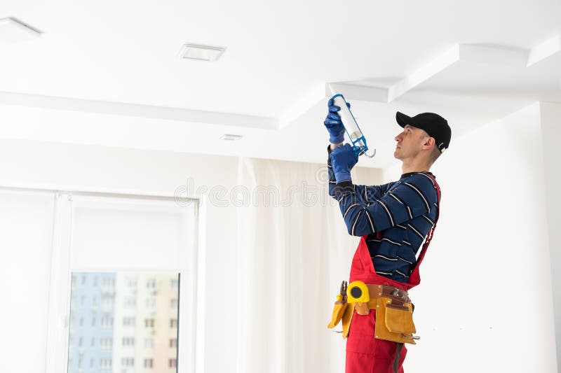Construction Worker Installation Ceiling Work Stock Image - Image of ...