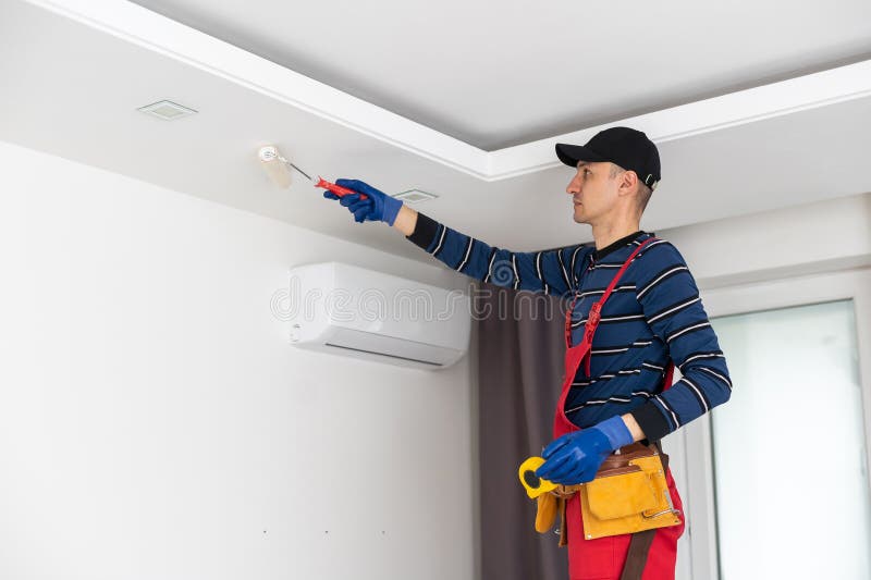 Construction Worker Installation Ceiling Work Stock Photo - Image of ...