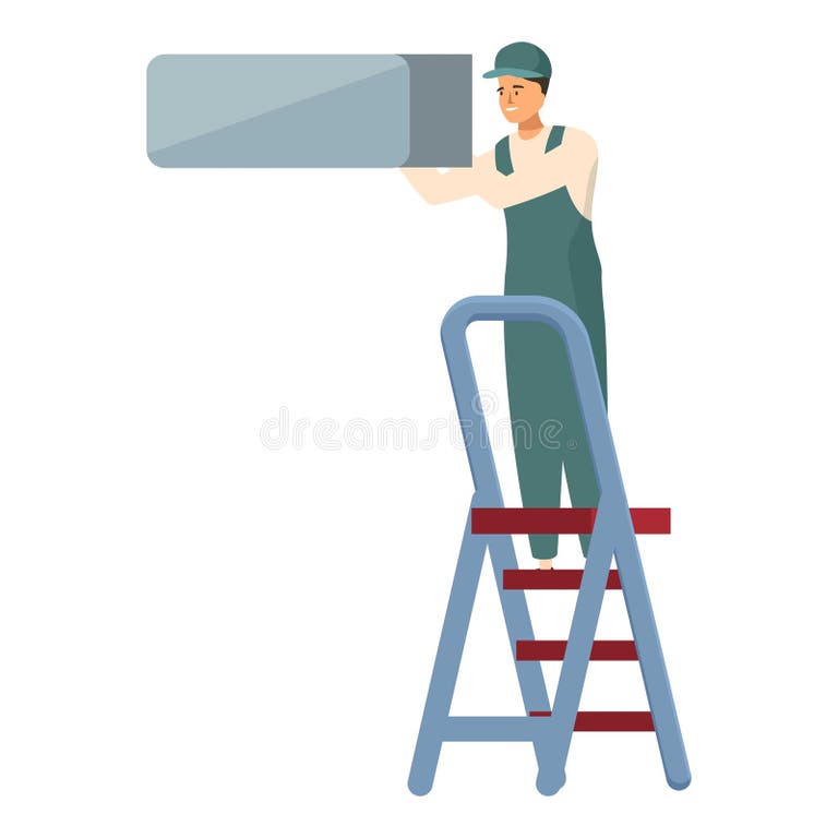 Construction Worker Installing Air Conditioning Using Ladder Stock ...