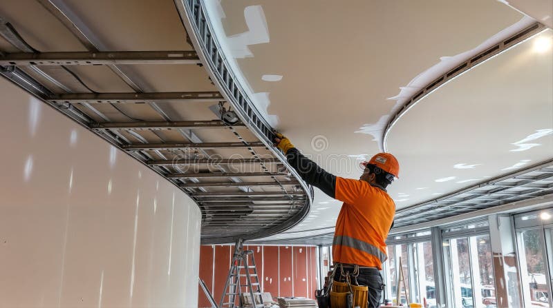 Construction Worker Installing Curved Drywall Ceiling in Modern ...