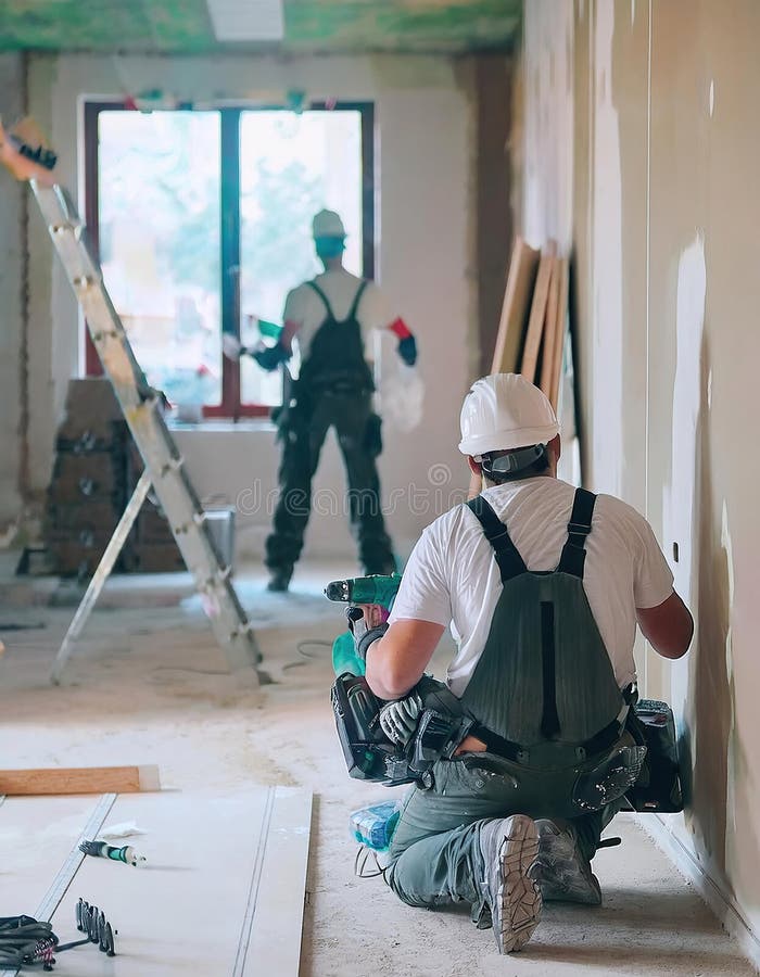 Construction Worker Installing Drywall at a Busy Building Site Stock ...